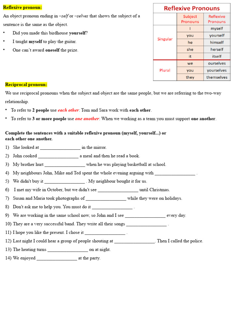 Reflexive and Reciprocal Pronouns | PDF | Pronoun | Syntactic Relationships