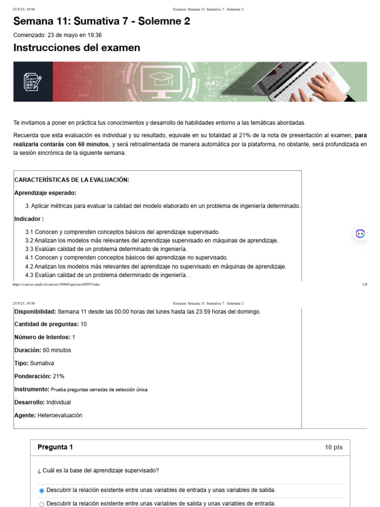 Examen - Semana 11 - Sumativa 7 - Solemne 2 - FINAL | PDF | Aprendizaje automático ...