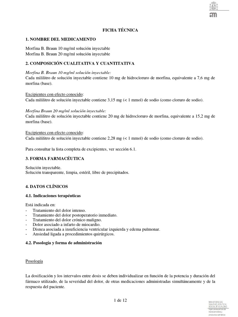 Ficha Técnica 1. Nombre Del Medicamento: Morfina B. Braun 10 MG/ML ...