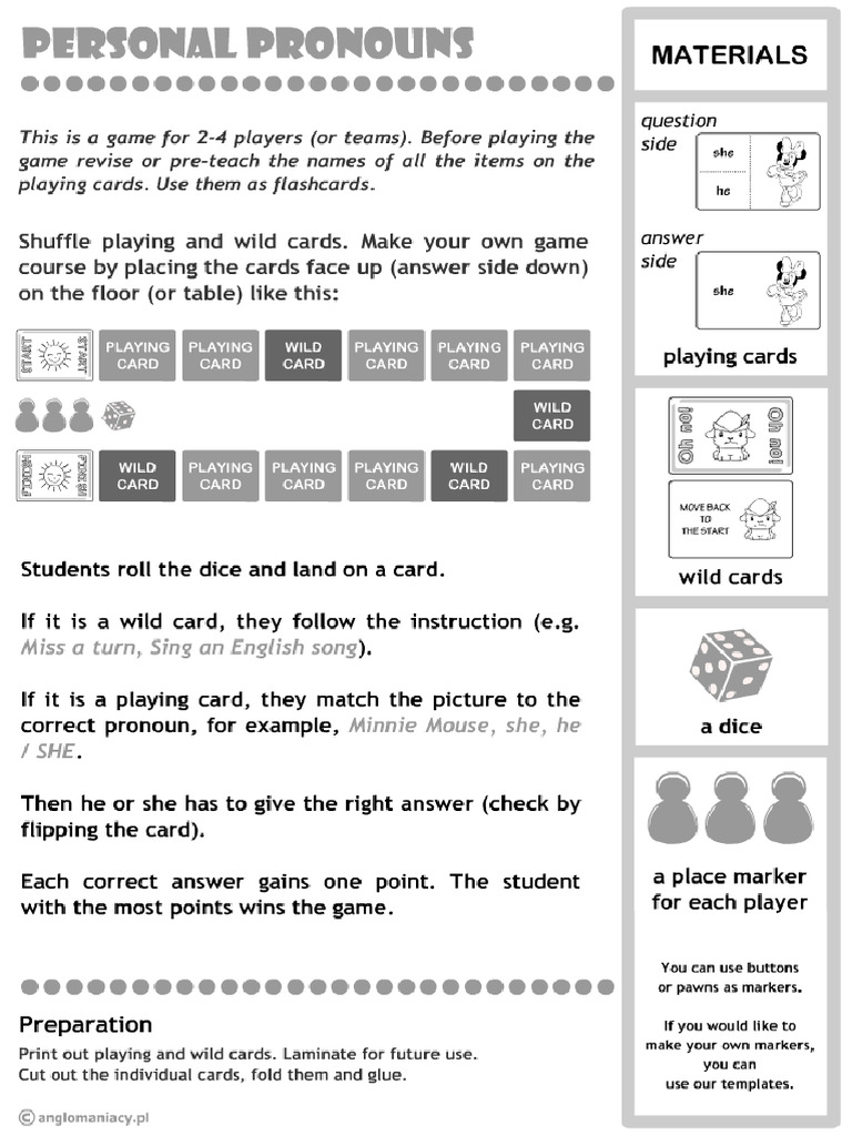 Grammar Games Pronouns Cards I | PDF