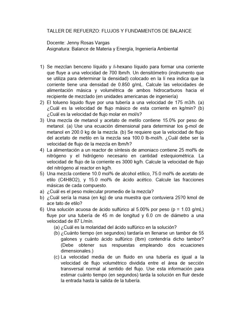 Taller de Refuerzo 2 | PDF | Reactor Quimico | Metanol