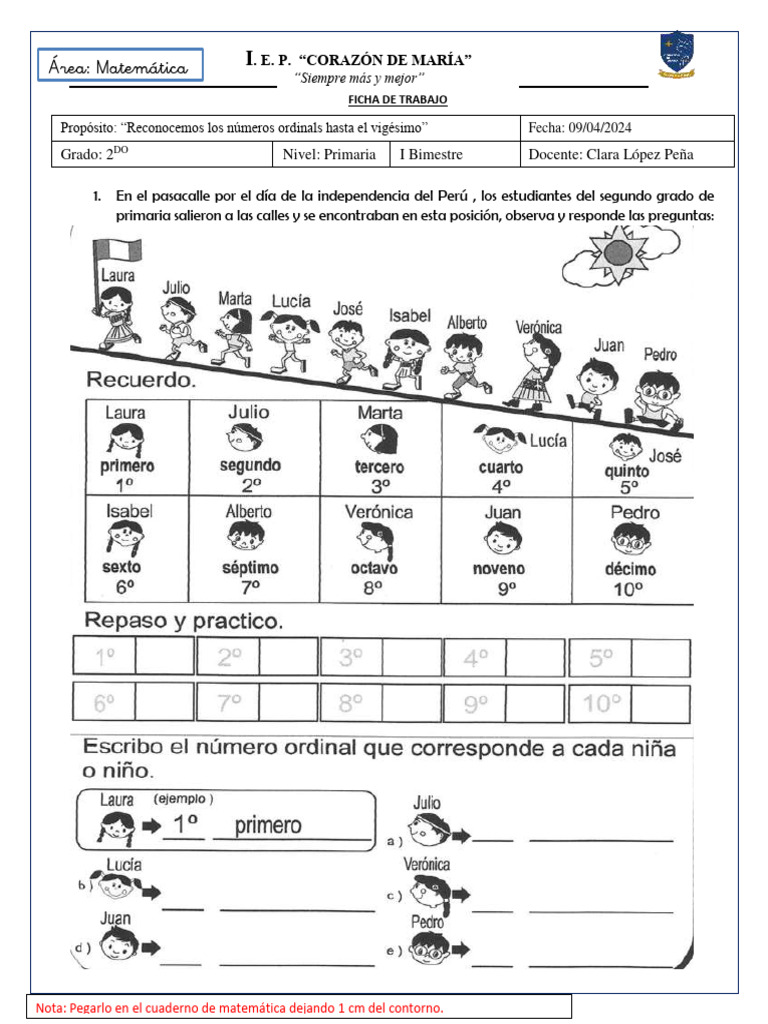 Números Ordinales para 2do Grado | PDF