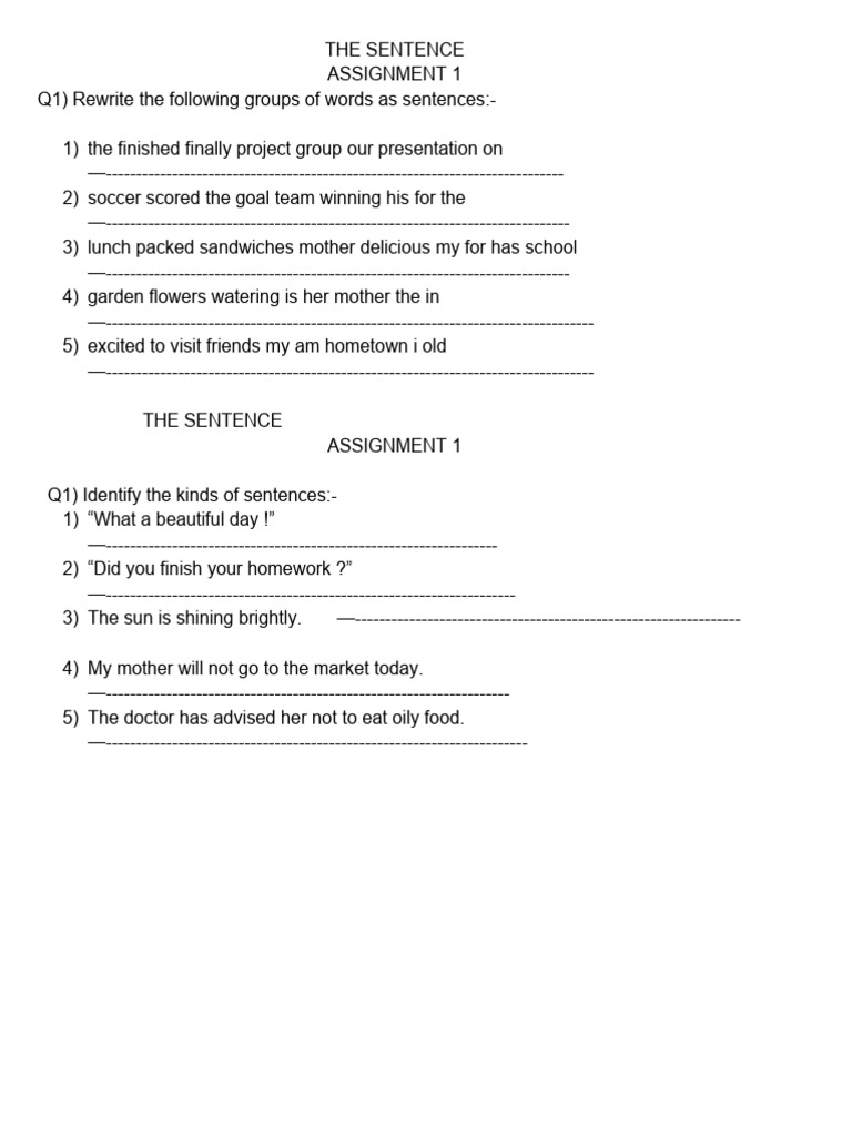 Sentence Structure and Types Assignment | PDF