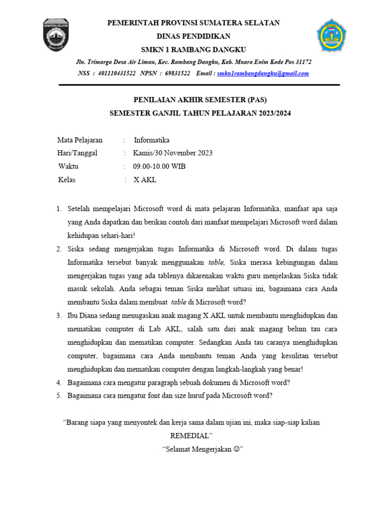 Kop PAS 2022-2023 - INFOR X AKL DIANA | PDF