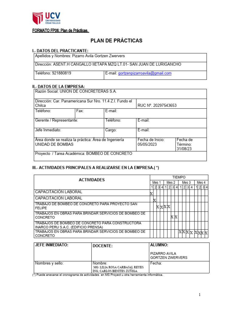 Formato FP06 - Plan de Practicas | PDF | Ingeniería