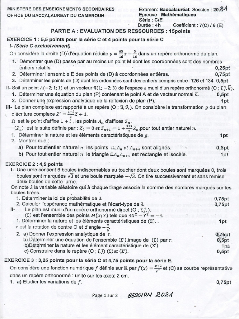 Cameroun Maths BAC C 2021 | PDF