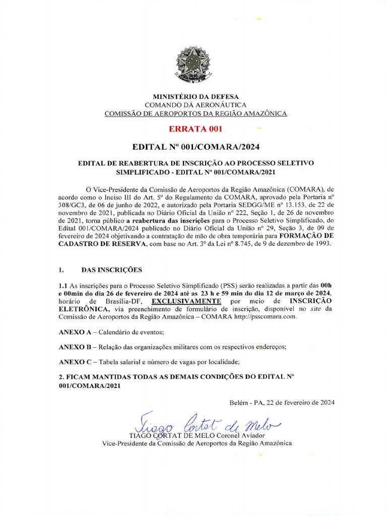 Errata 001 Edital PSS COMARA 2024 | PDF