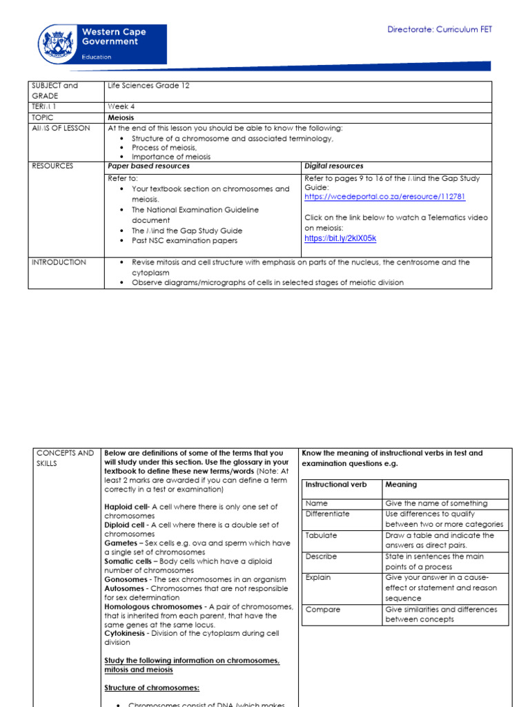 Life Sciences Grade 12 Term 1 Week 4 - 2021 | PDF | Meiosis | Chromosome