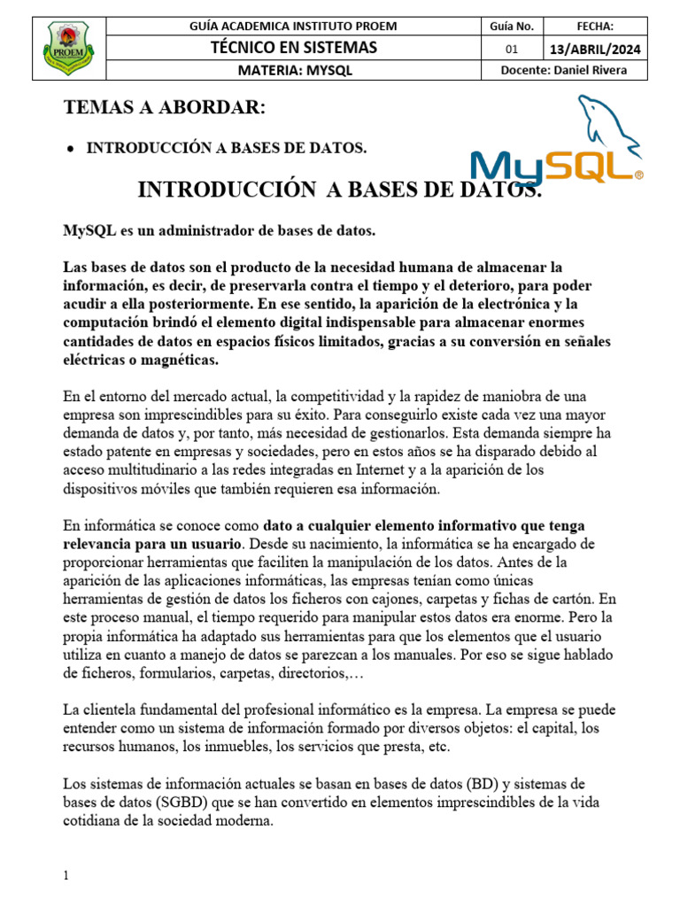 Guia 01 MySQL | PDF | Bases de datos | Mi sql
