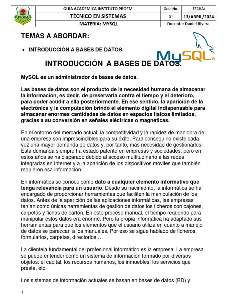 Guia 01 MySQL | PDF | Bases de datos | Mi sql