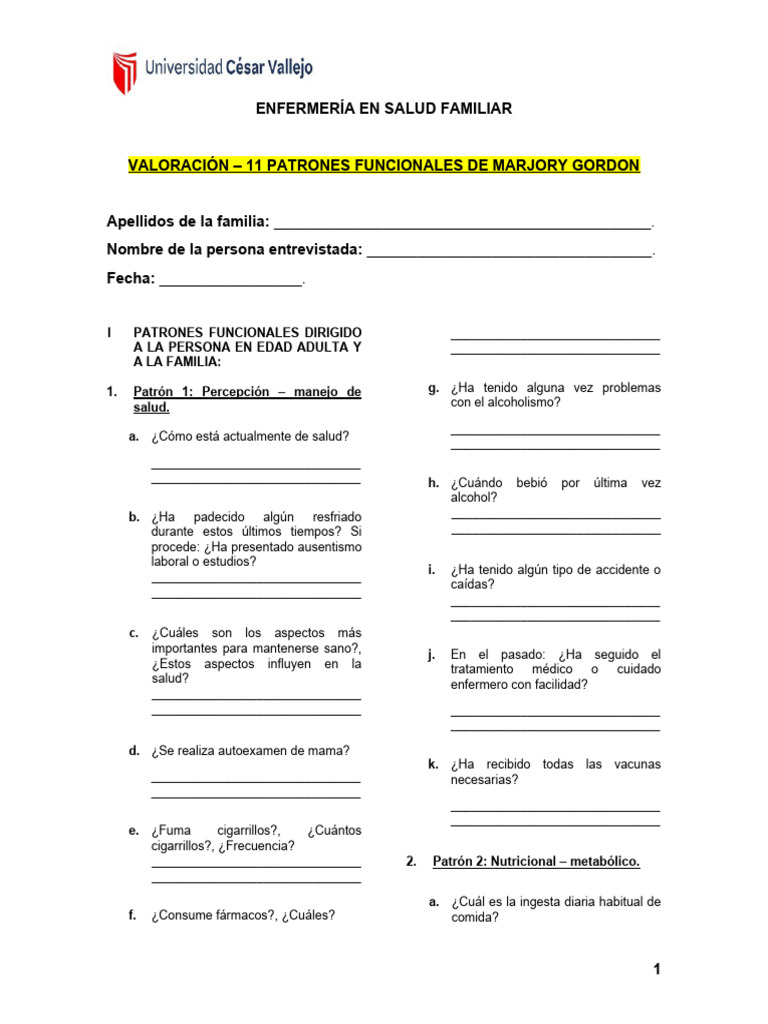 Valoración - 11 Patrones Funcionales de Marjory Gordon | PDF | Menstruación | Alcoholismo