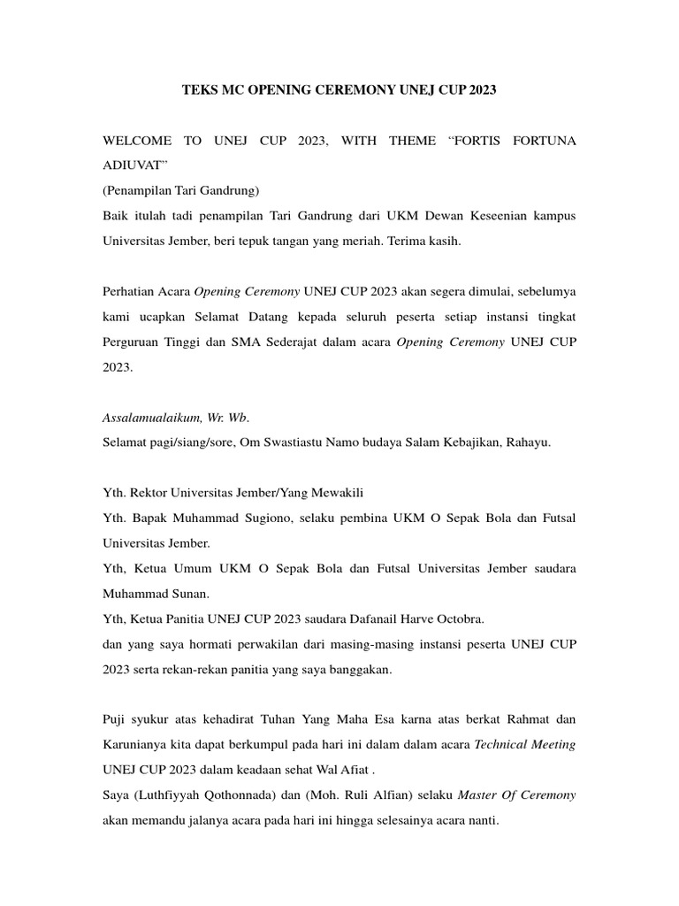Teks MC Opening Ceremony Unej Cup 2023 | PDF