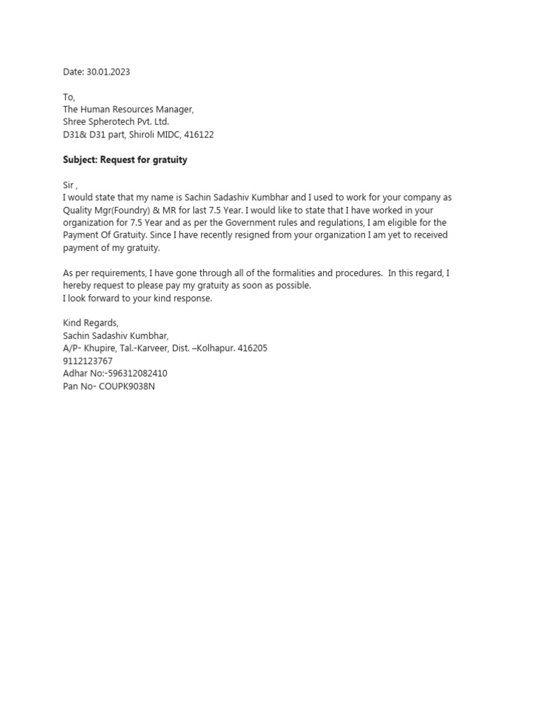 Gratuity Payment Request Letter | PDF
