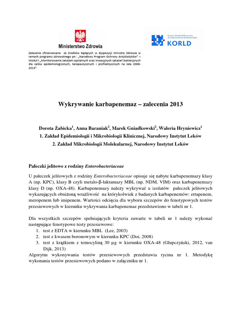 Wykrywanie Karbapenemaz Zalecenia 2013 | PDF Wykrywanie Karbapenemaz Zalecenia 2013 | PDF