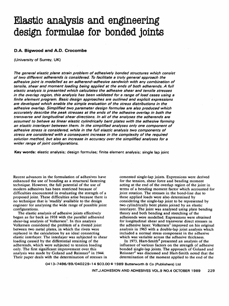 Elastic Analysis & Engineering Design Formulae For Bonded Joints | PDF ...