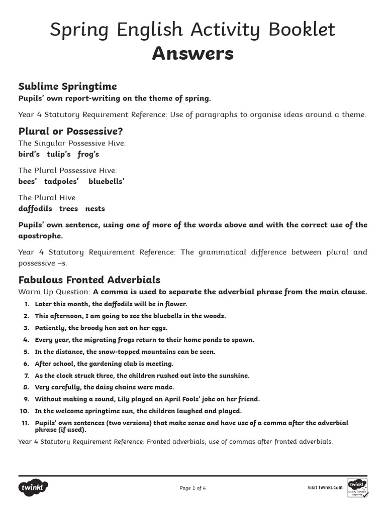 Spring English Activity Booklet Answers | PDF | English Language | Noun