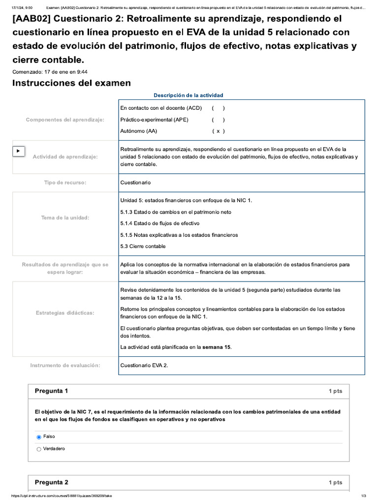 Examen - (AAB02) Cuestionario 2 - Retroal... Notas Explicativas y Cierre Contable | PDF