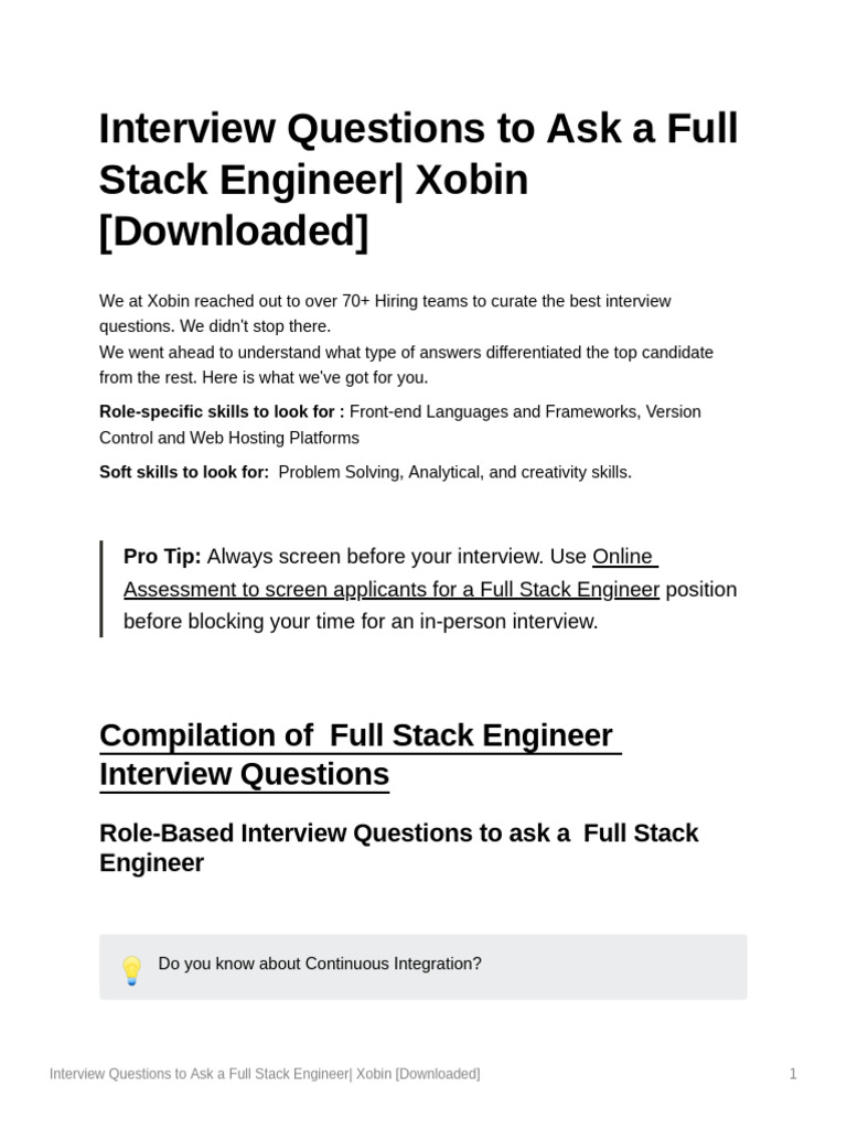 Interview Questions To Ask A Full Stack Engineer Xobin Downloaded ...