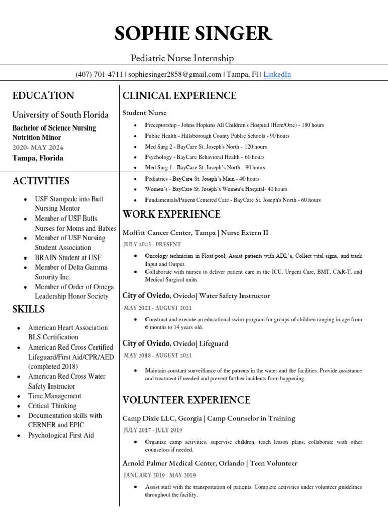 Sophie Singer Resume 1 | PDF | Nursing | Health Care