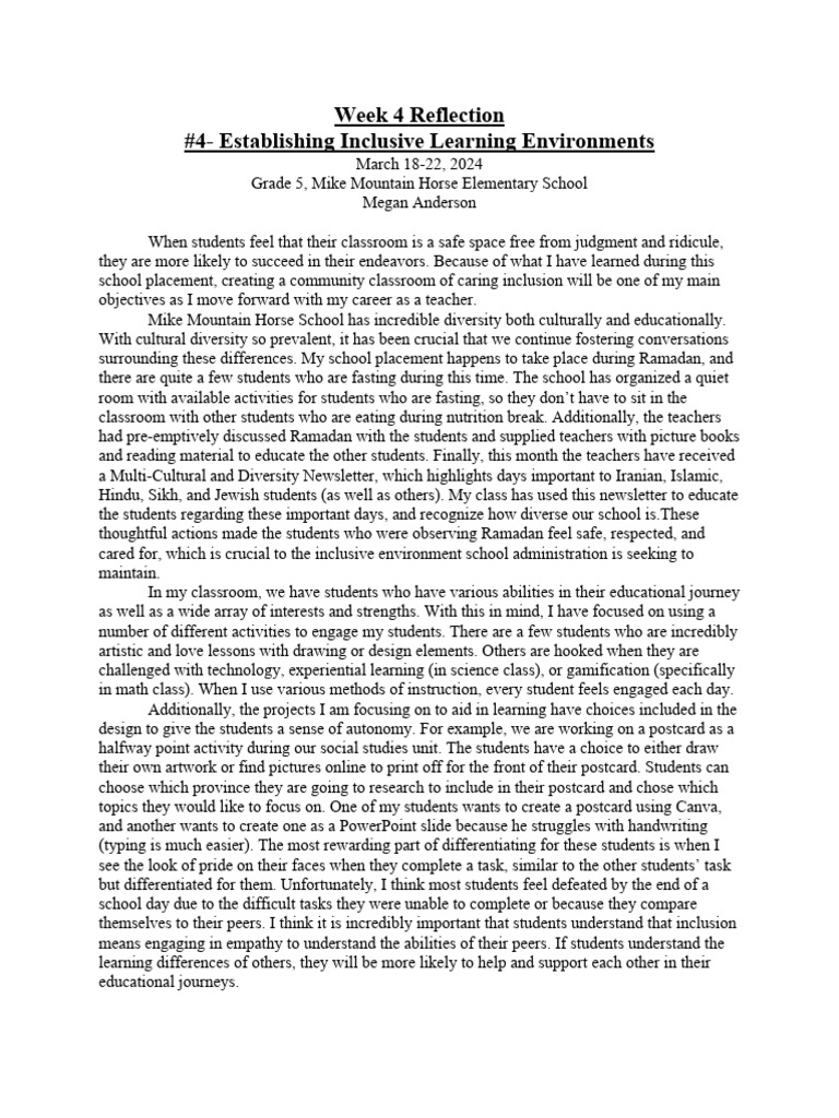 Week 4 Reflection Pdf Classroom Teachers