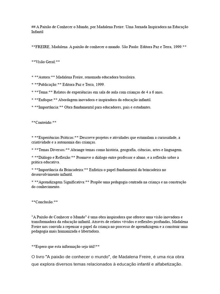Madalena Freire A Paixão de Conhecer o Mundo - Gemini | PDF ...