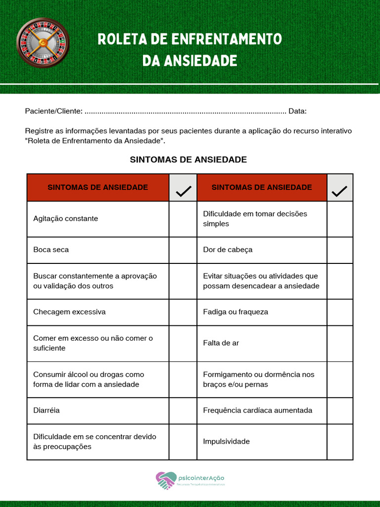 Material de Apoio Do Psicoterapeuta - Roleta de Enfrentamento Da Ansiedade - Preench¡vel | PDF ...