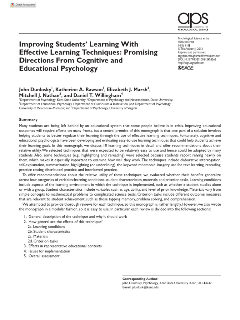Improving Students' Learning With Effective Learning Techniques | PDF | Learning | Reading ...