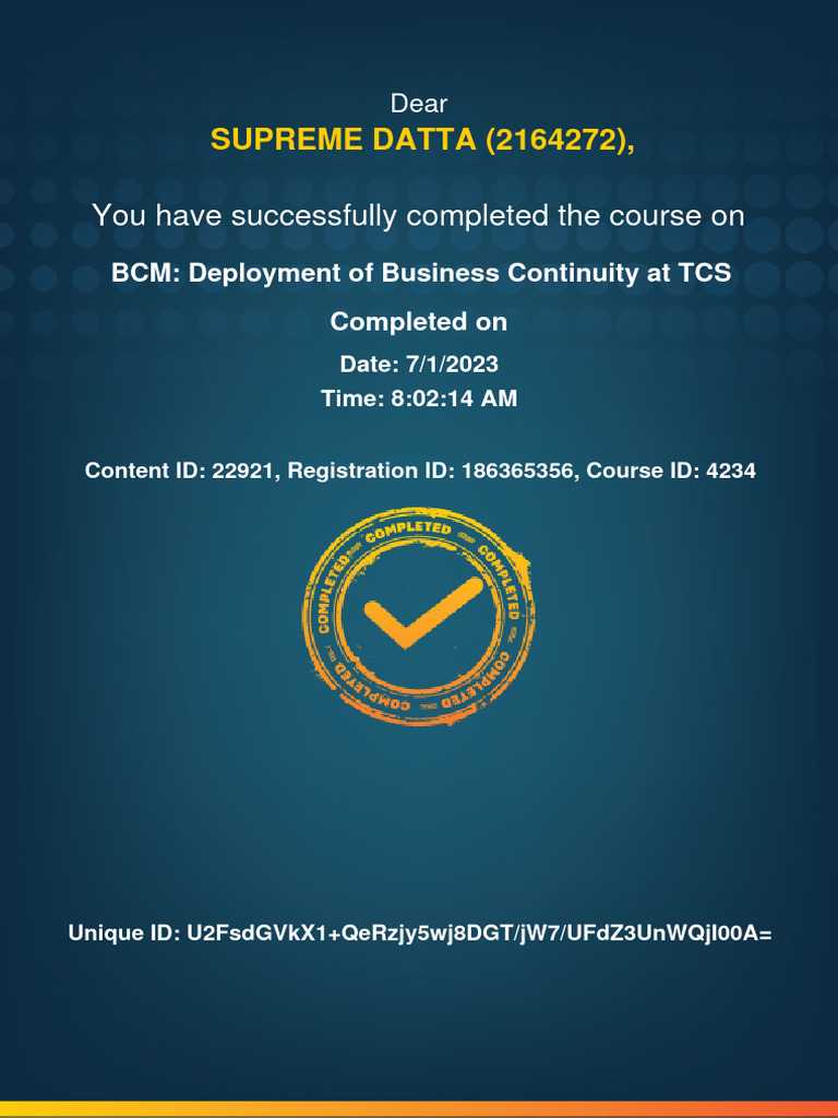 BCM - Deployment of Business Continuity at TCS - Completion ...