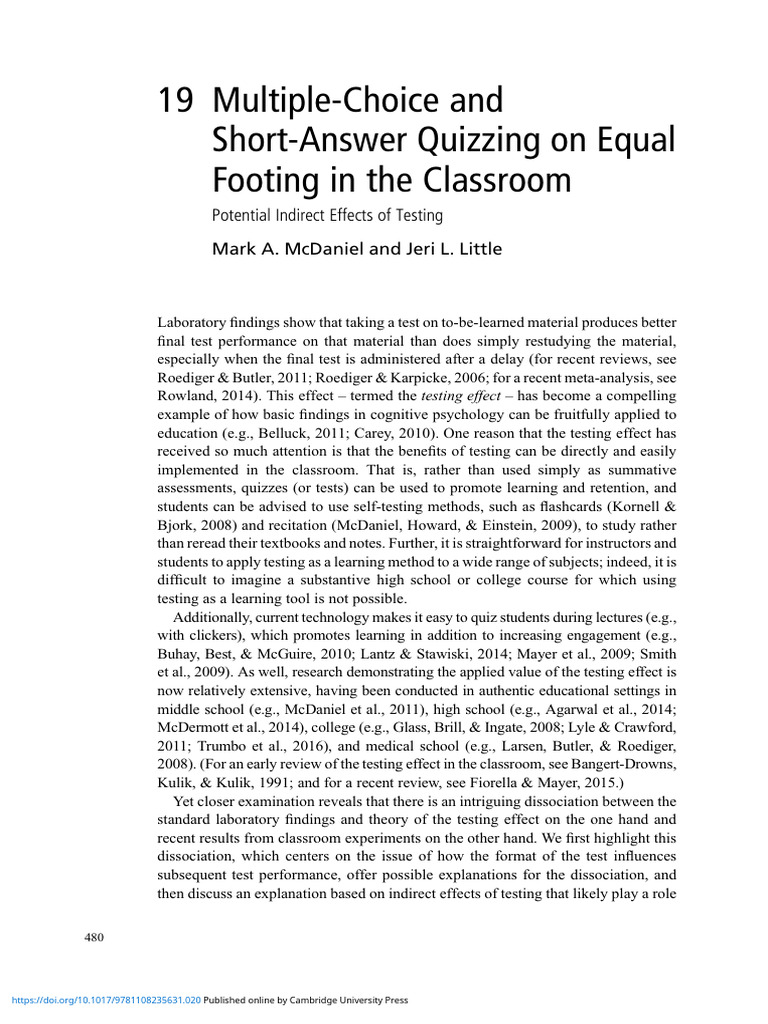 Multiplechoice and Shortanswer Quizzing On Equal Footing in The ...