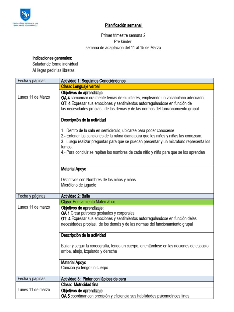 PLANIFICACION de Adaptación Semana 2 Prekinder 2024 | Descargar gratis PDF | Educación de la ...