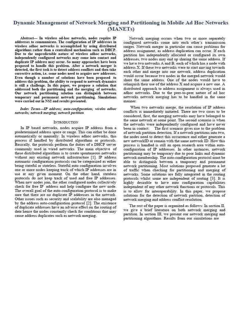 Dynamic Management of Network Merging and Partitioning in Mobile Ad Hoc Networks (MANETs) | PDF ...