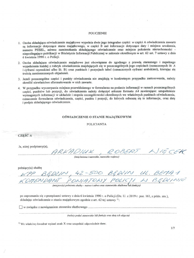 Oswiadczenie Majatkowe Za 2022 R KPP Bedzin 31 03 2023r | PDF
