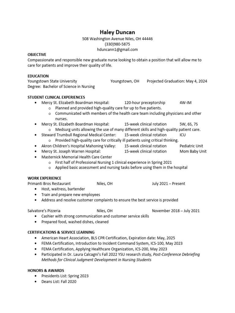 Haley Duncan Resume | PDF | Nursing | Patient