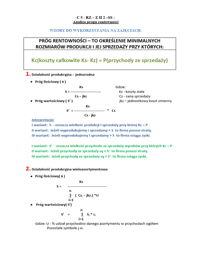 ZC5 RZ ZII 2 SS Analiza Progu Rentowności | PDF