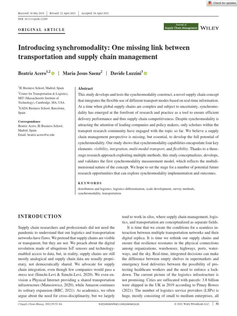 J Supply Chain Manag - 2021 - Acero - Introducing synchromodality One missing link between ...
