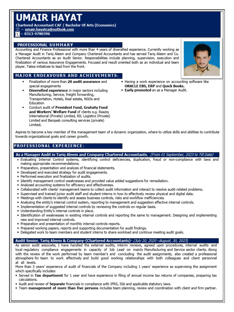 Umair HayatT CV | PDF | Internal Control | Audit