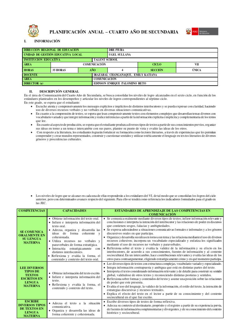 Planificación Anual Cuarto Año | PDF | Enseñando | Comunicación