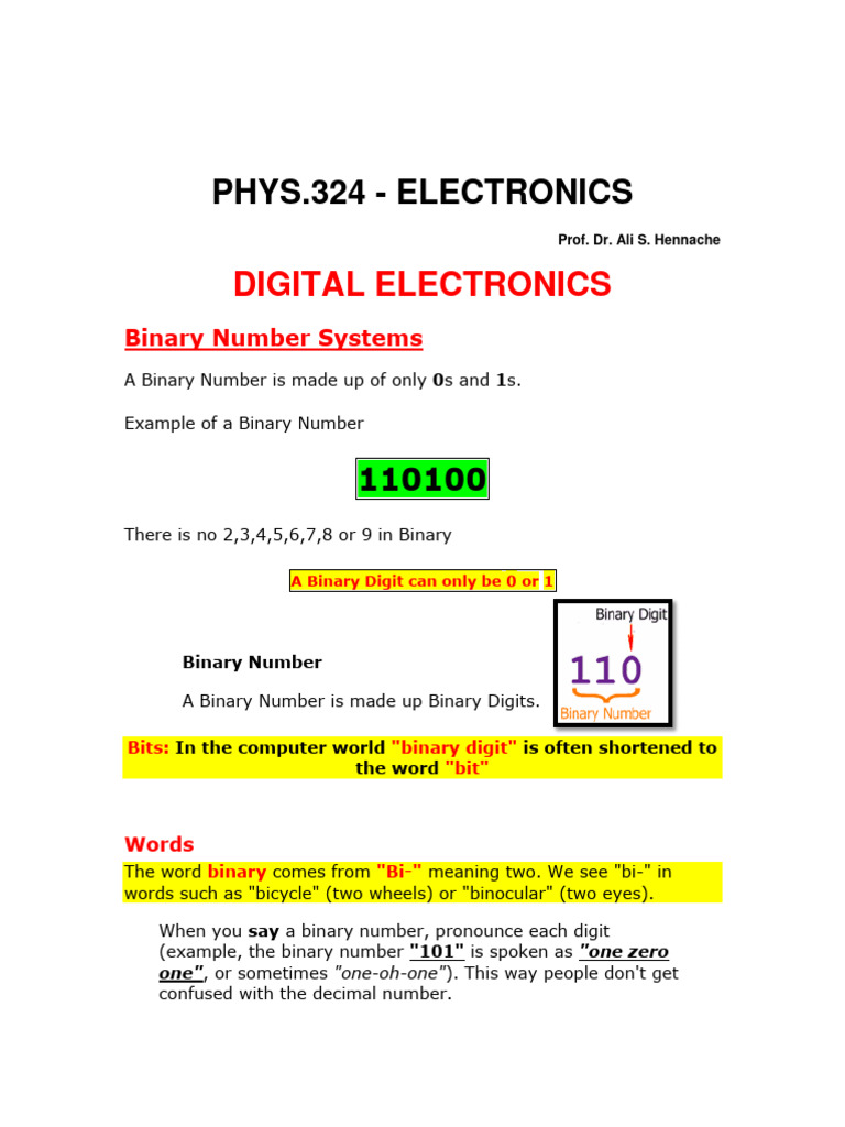 PHYS 324 DIGITAL ELECTRONICS Binary Numb | PDF | Numbers | Bit
