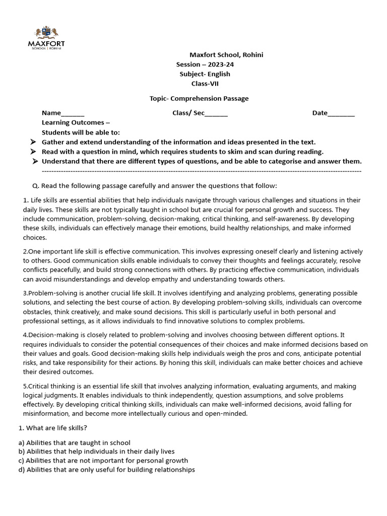 Comprehension Passage-Grade 7 | Download Free PDF | Critical Thinking ...