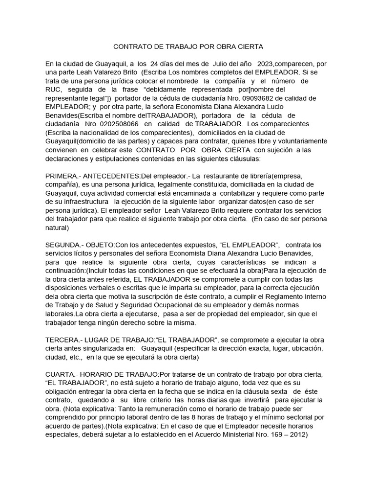 Contrato de Trabajo Por Obra Cierta | PDF | Derecho laboral | Salario