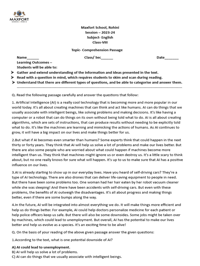 AI Comprehension Passage for Grade 8 | PDF | Artificial Intelligence ...