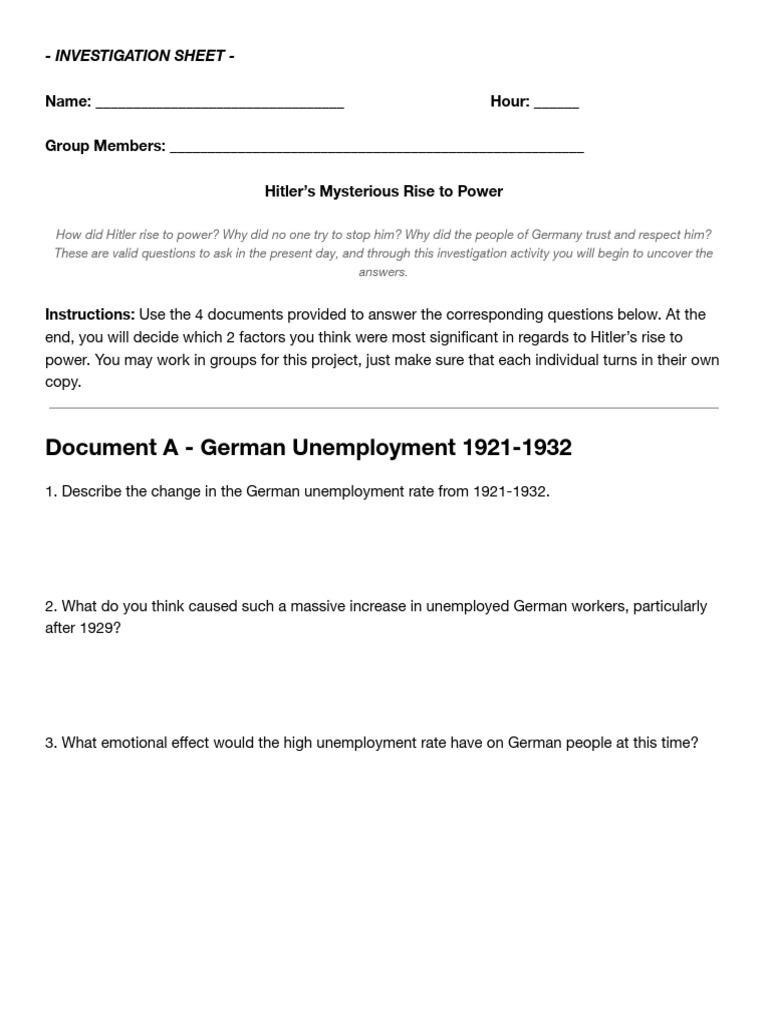 Hitler's Rise to Power Investigation Guide | PDF