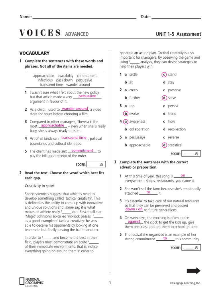 Voices Advanced U01-05 Mid Course Test Answer Key | PDF | Creativity