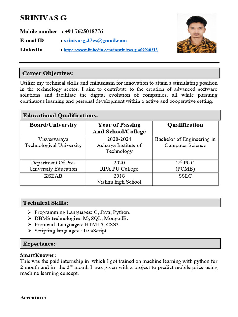CV Srinivas 1 | PDF | Databases | Java Script CV Srinivas 1 | PDF | Databases | Java Script