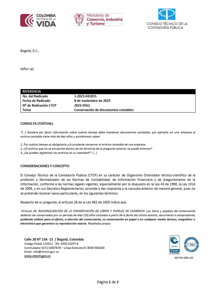 2023 0562 Conservacion de Documentos Contables | PDF | Contabilidad | Gobierno
