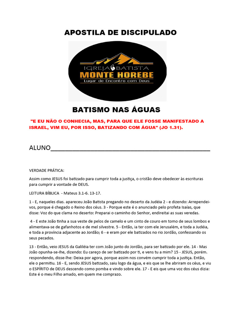 APOSTILA DE DISCIPULADO PARA BATISMO | PDF | Batismo | Jesus APOSTILA DE DISCIPULADO PARA BATISMO | PDF | Batismo | Jesus