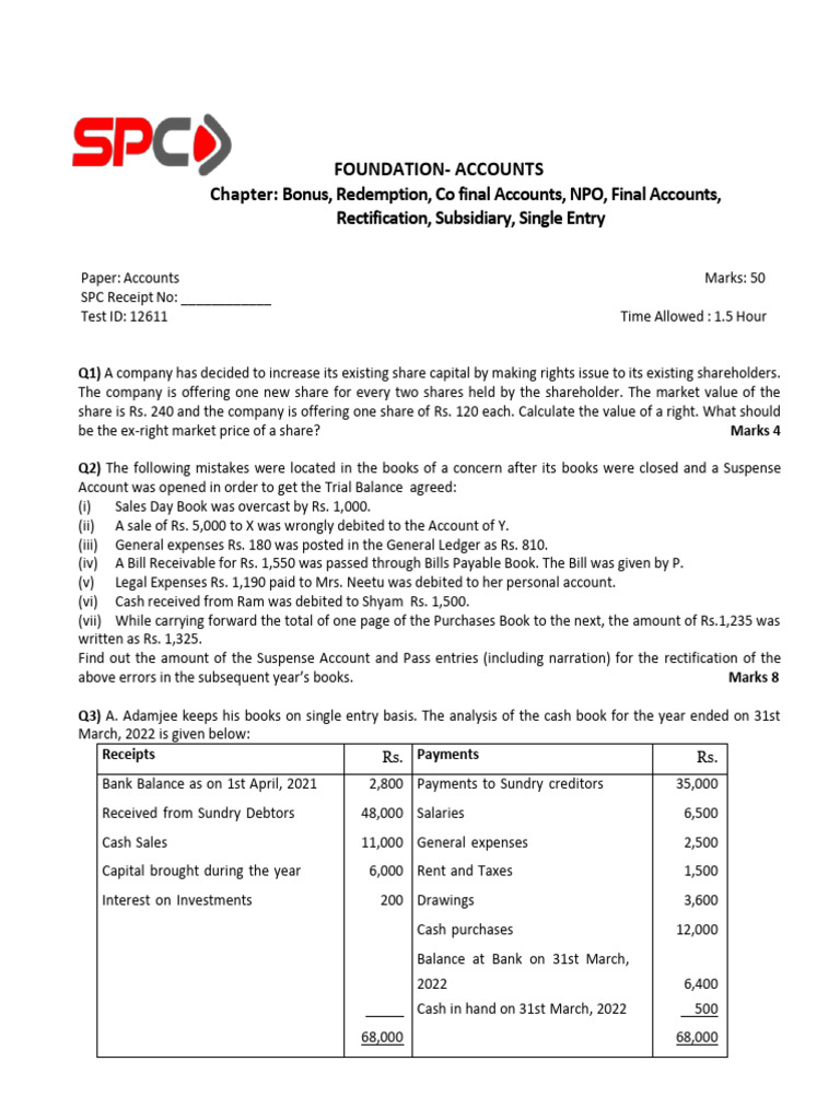 Accounts Test 23 Mar QP | PDF | Expense | Debits And Credits
