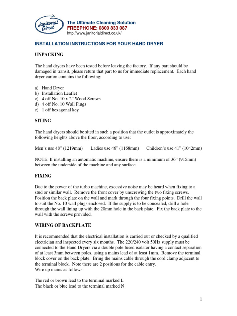 Hand Dryer Installation | PDF | Fuse (Electrical) | Electricity
