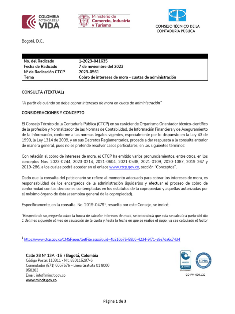 2023 0561 Cobro de Intereses de Mora Cuotas de Administracion F | PDF ...