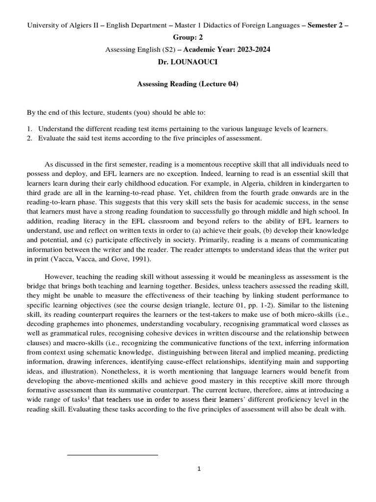 Assessing Reading | PDF | Multiple Choice | Educational Assessment